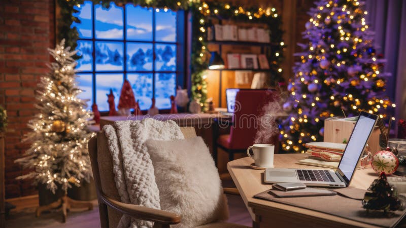 A Laptop Computer Sitting on a Desk in Front of Christmas Trees, AI ...
