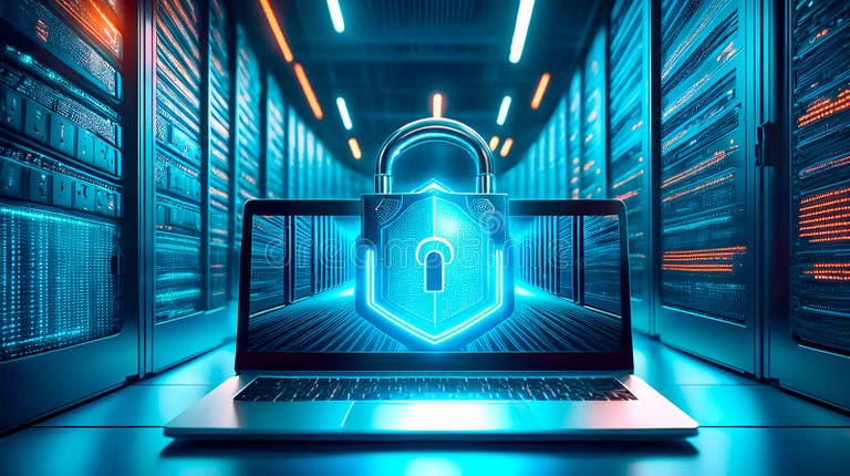 Laptop Displaying a Security Lock and Data Protection on the Screen, Ensuring Cybersecurity ...