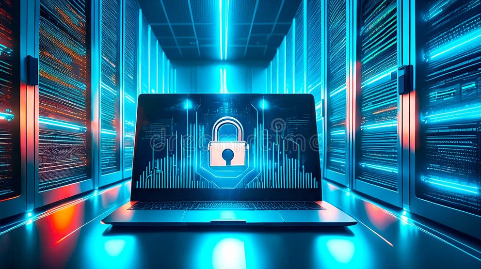 Laptop Displaying a Security Lock and Data Protection on the Screen, Ensuring Cybersecurity ...