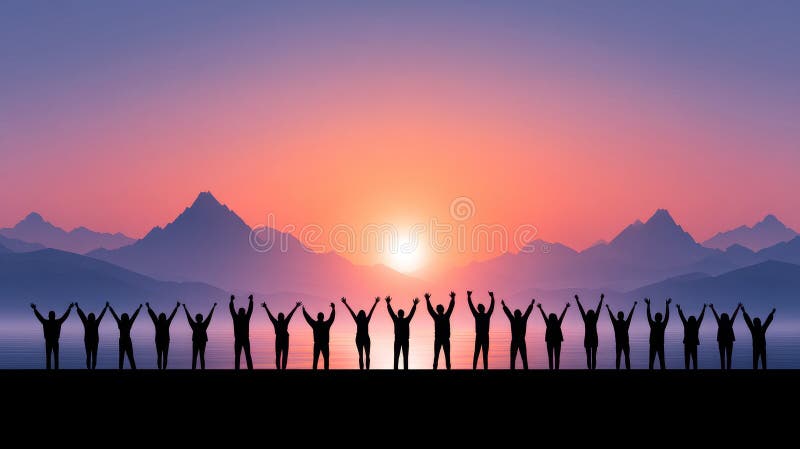 A Large Group Celebrates Achievement at Sunrise Symbolizing Teamwork ...