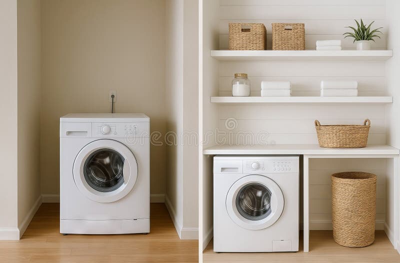 Modern Laundry Area Washing Machine Shelves Storage Baskets Stock ...