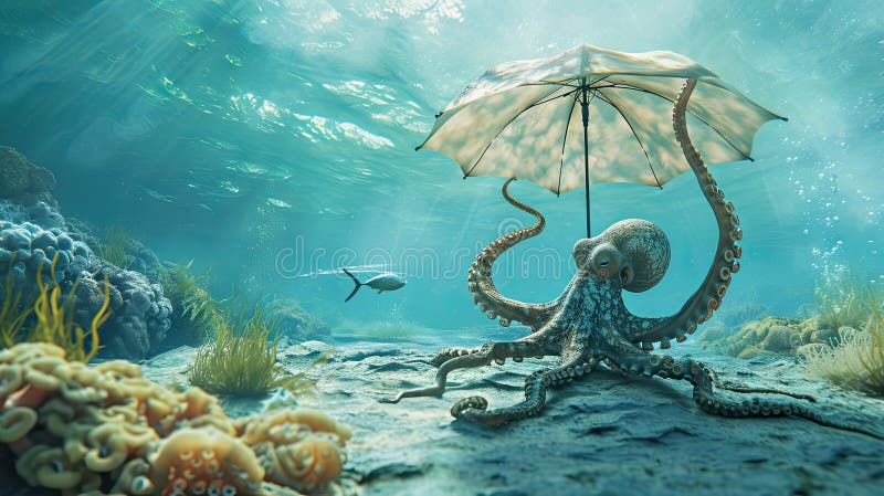 Little Octopus in Pink Colors Standing with Umbrella Stock Photo ...