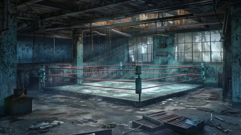 Lone Boxing Ring Stands in the Center of a Dilapidated Warehouse ...