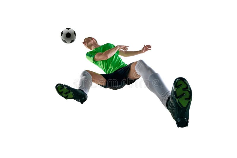 Low Angle of Male Athlete, Dressed Sport Uniform, Soccer Player Jumping ...