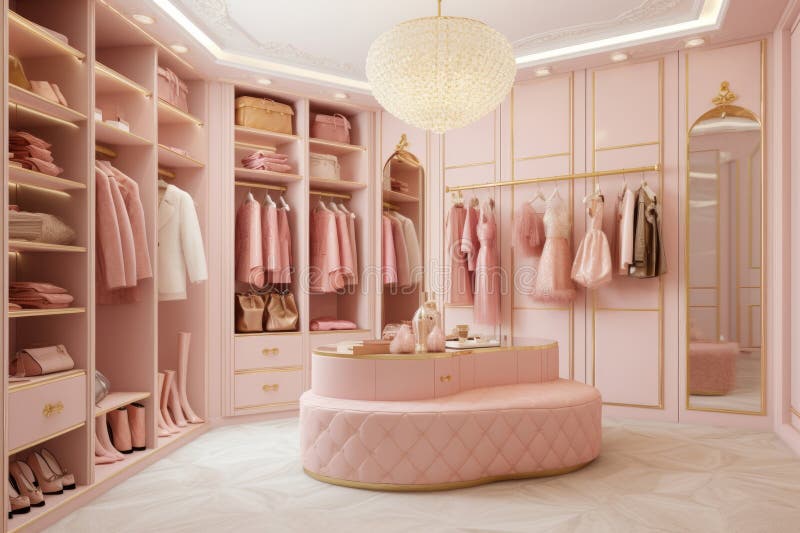 Pink and Golden Luxurious Custom Walk in Closet with Organized Storage ...
