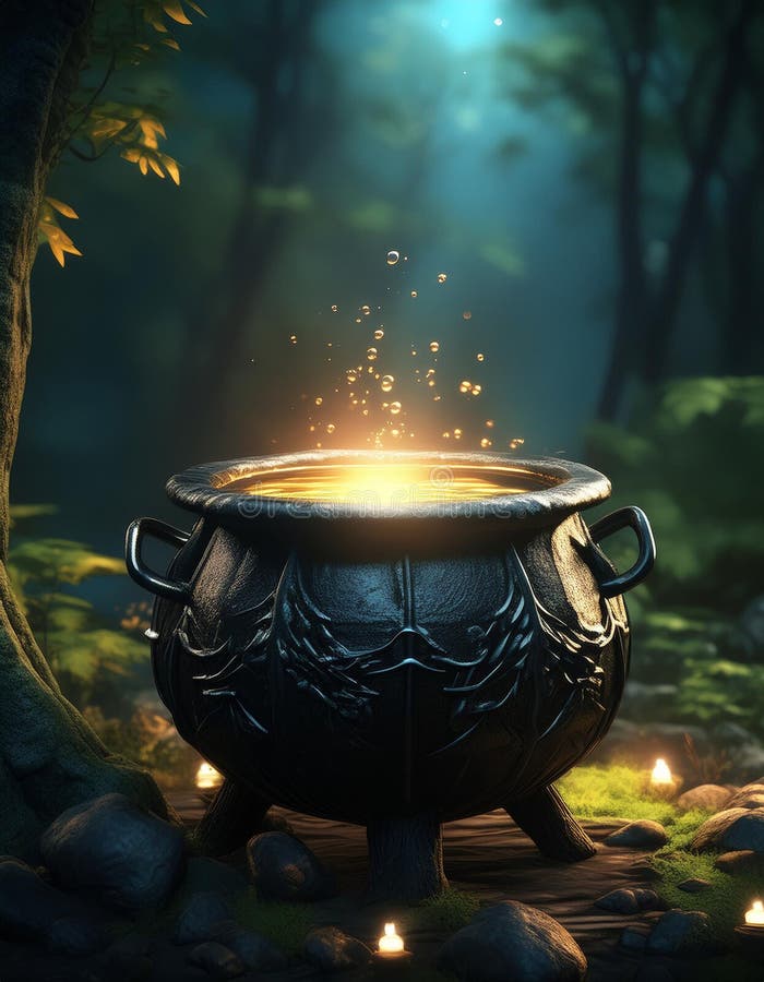 Magical Cauldron Glows with Fiery Light in Mystical Forest. Potion ...