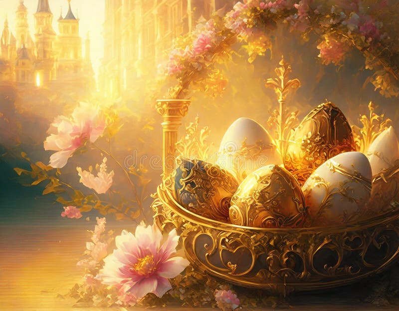 Enchanted Easter Eggs in Golden Basket Stock Illustration ...