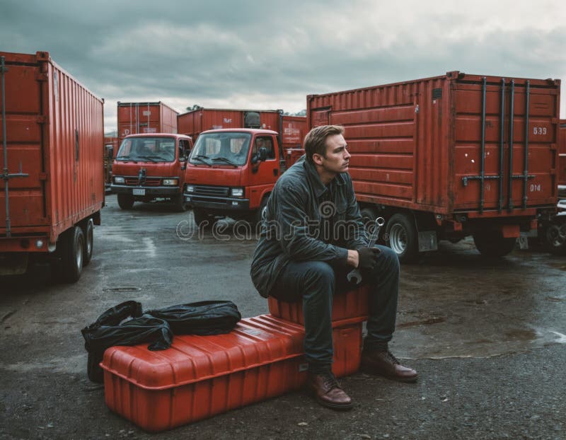 Generated Image. a Male Worker Sits on a Toolbox. Behind Him are Trucks ...