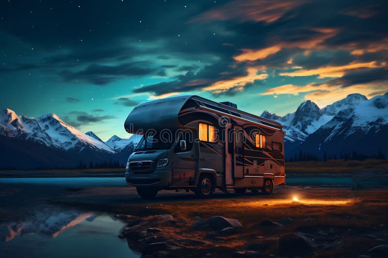 Man Standing by Parked Camper at Night Stock Photo - Image of city ...