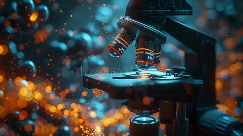 A Close-Up View of a Powerful Microscope Focused on a Glowing Strand ...