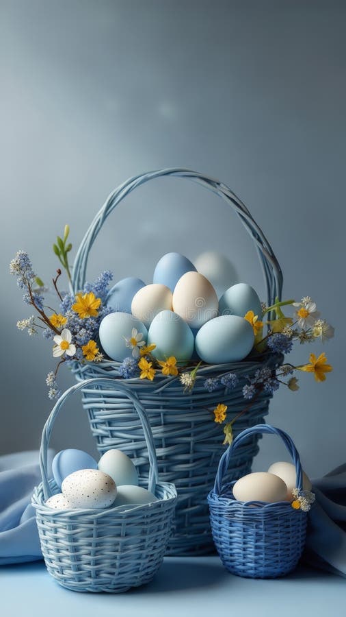 Easter Nordic Blue Background with Baskets, Eggs and Flowers, Seasonal ...