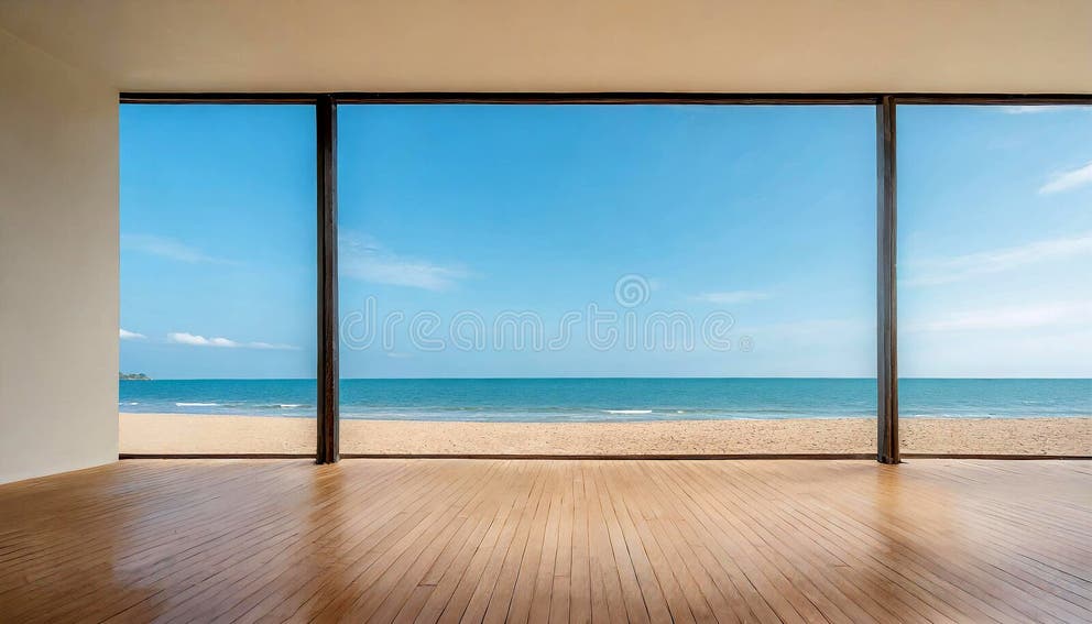 Minimalistic Interior of an Empty Room with Panoramic Window, Sea View ...