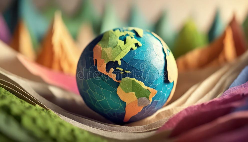 Mockup of Planet Earth Lying on Colored Origami Papers Background. Low ...