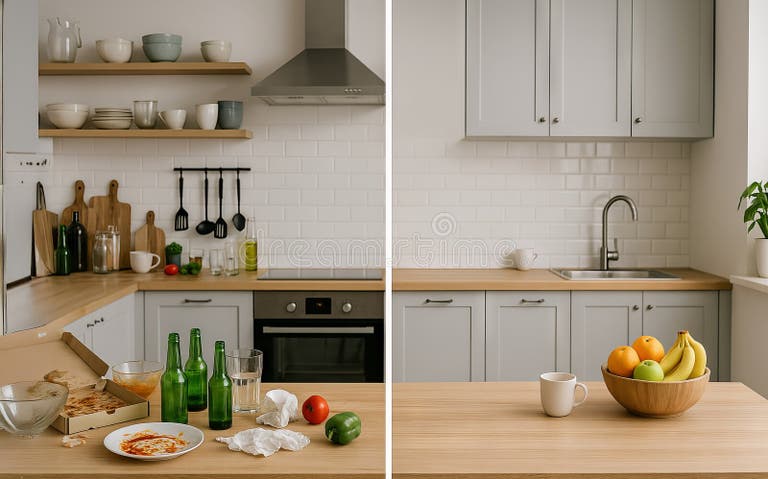 Before and after of a Modern Kitchen Transformation with Organized ...