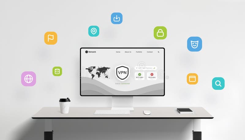 Modern VPN Dashboard Interface with Floating Icons for Privacy ...