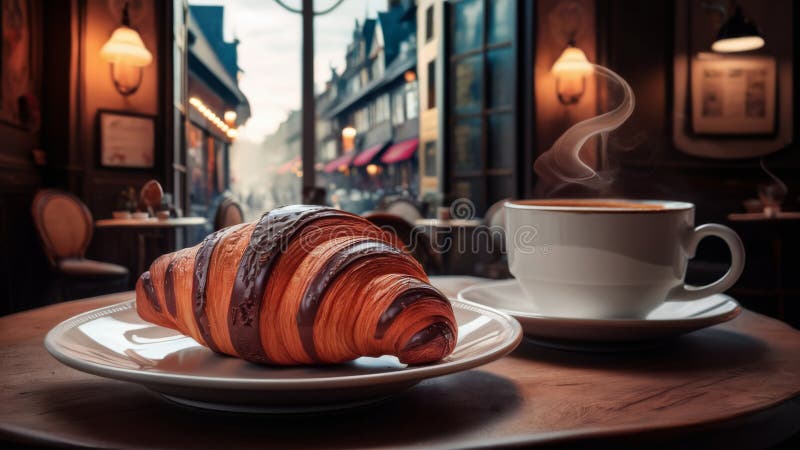 Morning Coffee and Chocolate Croissant in a Cozy Cafe Stock Photo ...