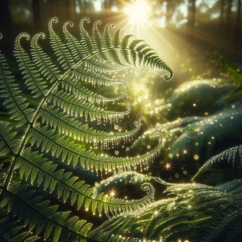 Generated Image of a Morning Light through Fern Frond Droplets ...