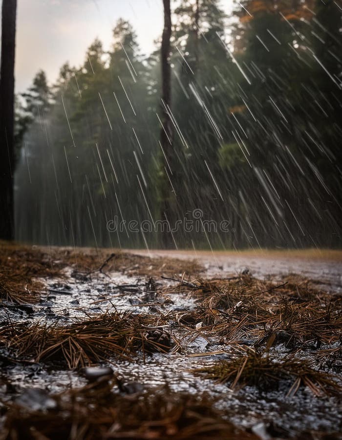 Muddy Forest Pathway Under Dramatic Storm Clouds with Raindrops Falling ...