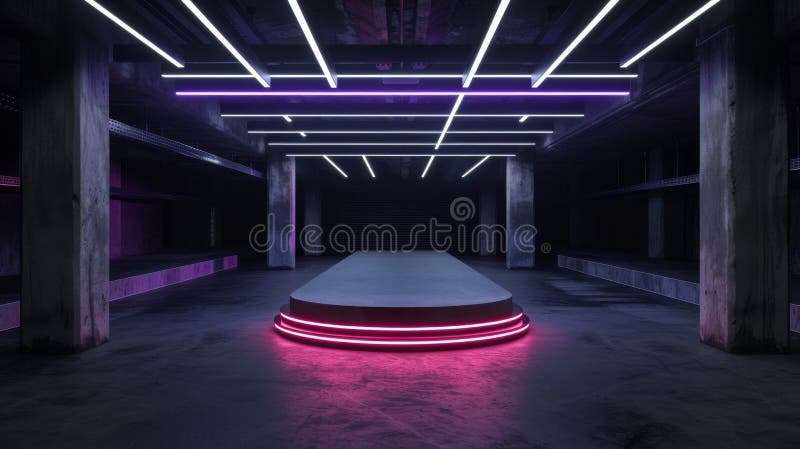 Neon-Lit Underground Stage with Geometric Ceiling Stock Image - Image ...