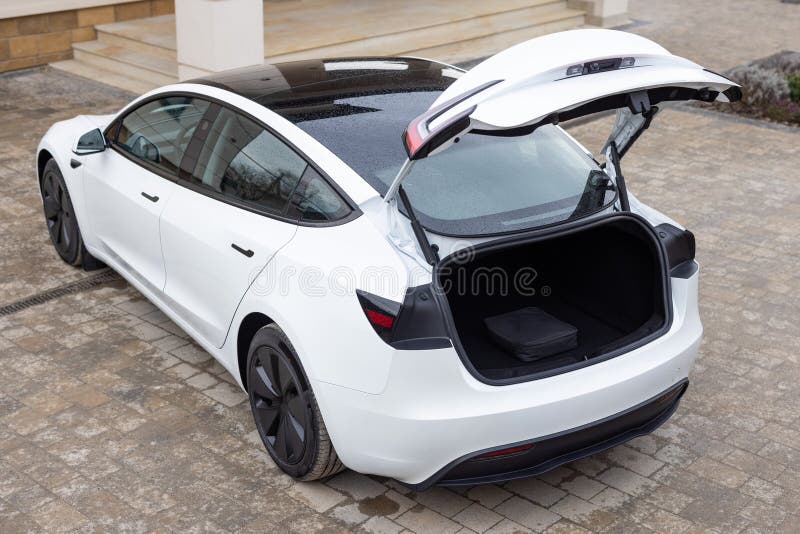 New White Car Open Trunk. Modern Electric Car with Open Trunk. Modern ...