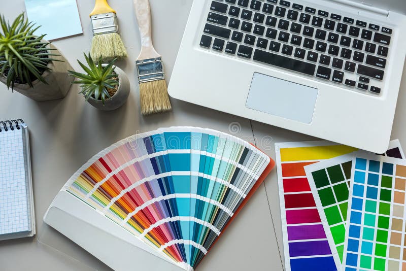 Office Desk Table with Colour Swatches Book Computer Laptop, Empty ...