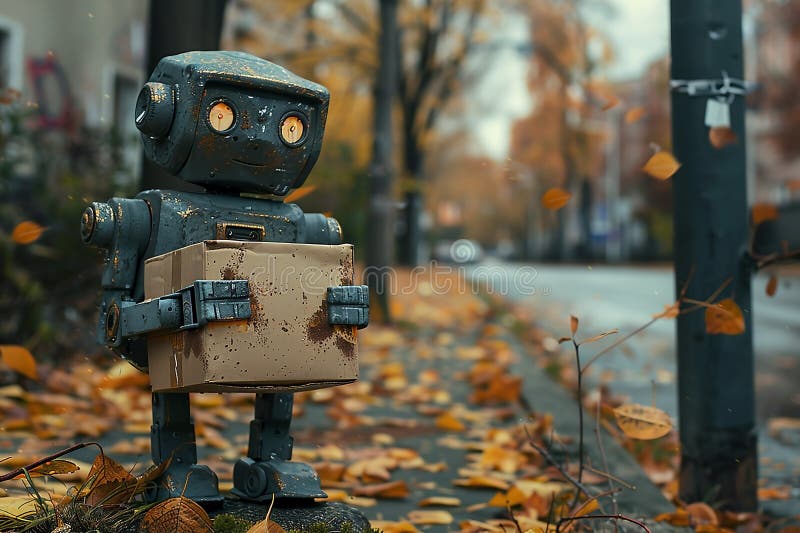 Generated Image, Old Little Postal Robot Holds a Box in the Fall and ...