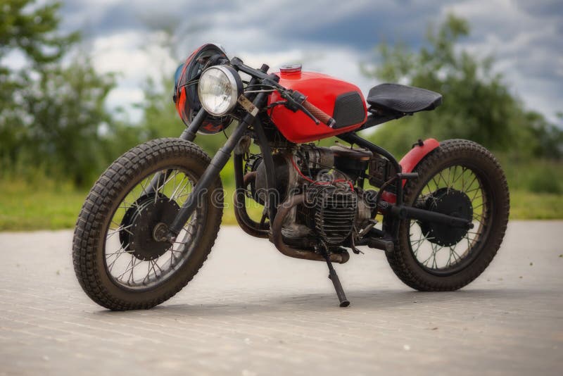 Old Red Motorcycle in the Parking Lot Stock Image - Image of outdoor ...