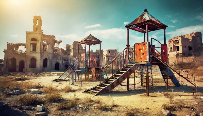 Old Rusting Children Playground in Post-apocalyptic Landscape, Ruined ...