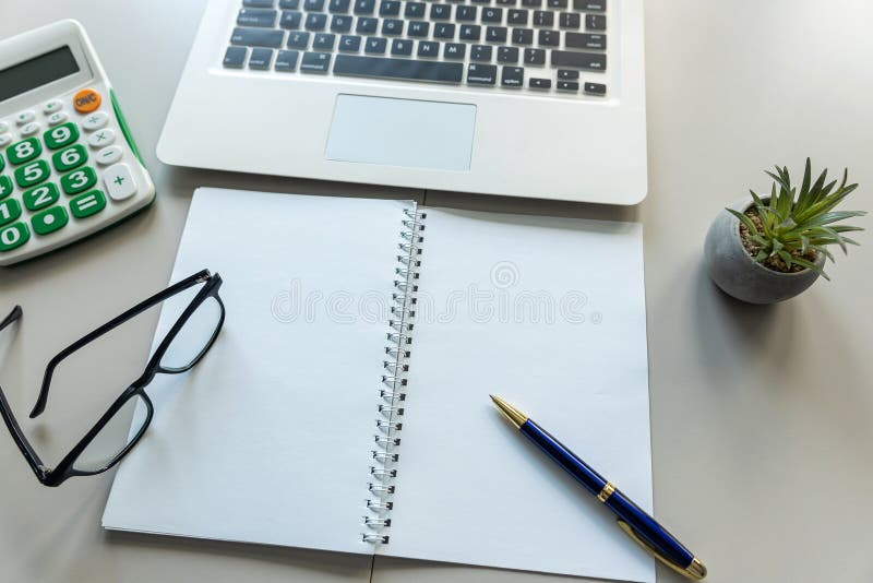 Open Notepad for Notes with Pen Laptop and Calculator on Office White ...