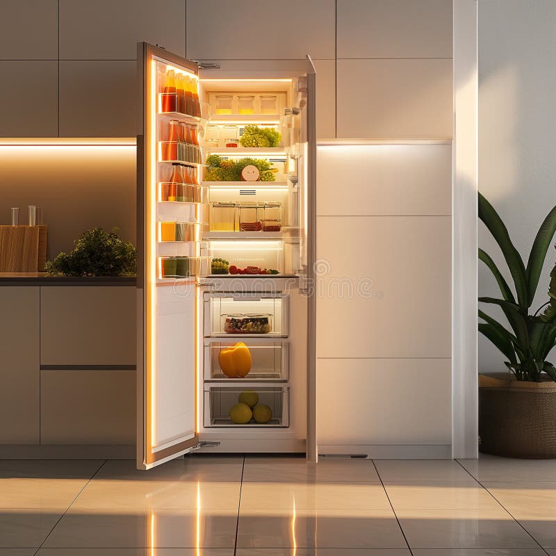 Open Refrigerator with Food in Modern Kitchen Stock Image - Image of ...