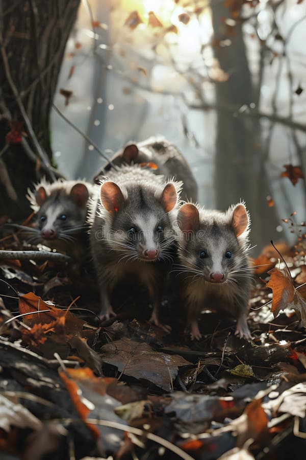 Opossum Family in the Forest with Setting Sun Shining. Stock ...