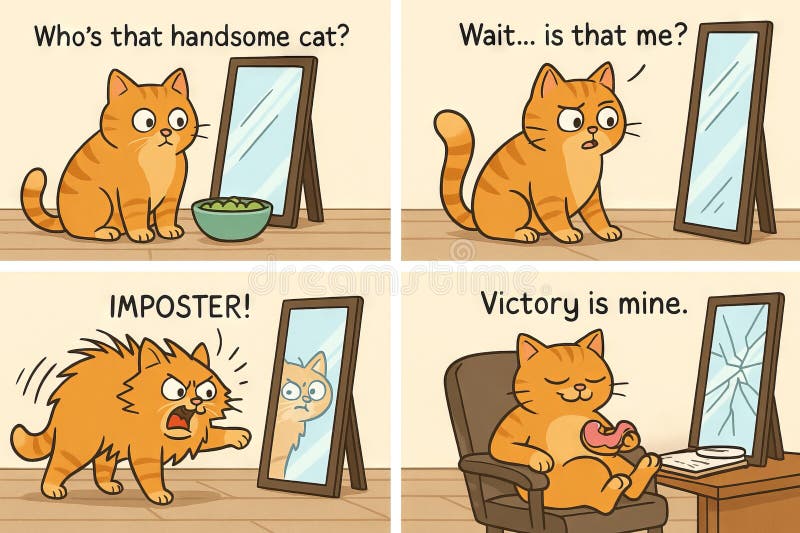 Orange Cat Humorously Observing Reflection in Mirror Comic Strip. Concept of Self-awareness ...