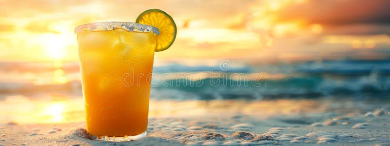 Orange Cocktail with Lime Slice on Beach Sand at Golden Hour Sunset ...