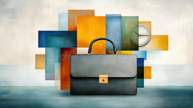 A Painting of a Briefcase with Colorful Squares and Clock, AI Stock ...
