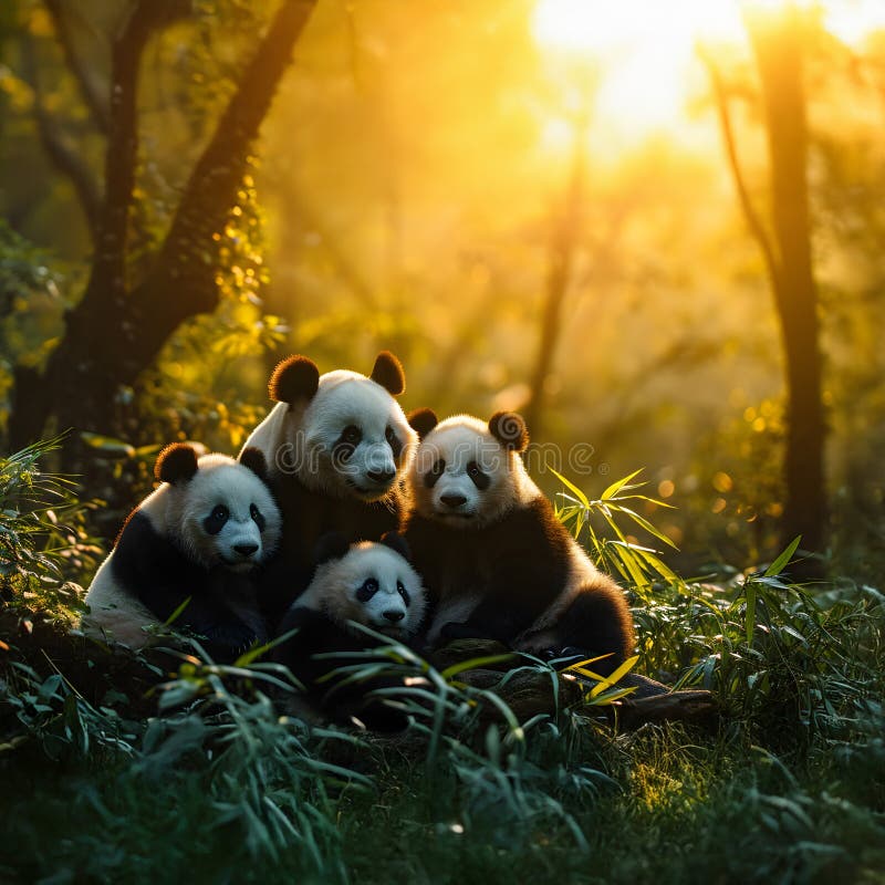 Panda Bear Family at the Rain Forest with Setting Sun Shining. Stock ...