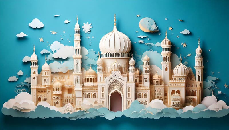 Generated Image. Papercraft Style, the Mosque Emerges from Clouds ...