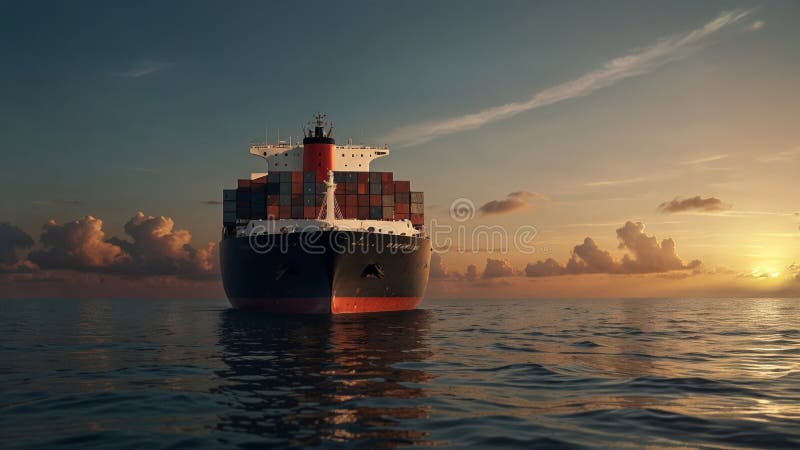 Container Cargo Ship at Sunset in the Middle of a Calm Ocean Stock ...