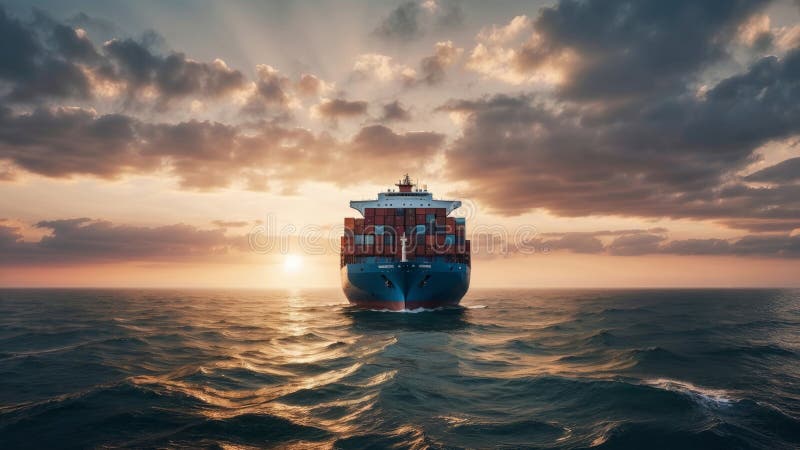 Container Cargo Ship at Sunset in the Middle of a Calm Ocean Stock ...