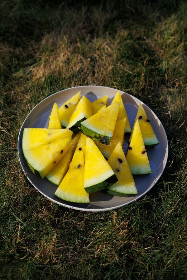 A Plate Filled with Triangular Slices of Yellow Watermelon Sits on ...