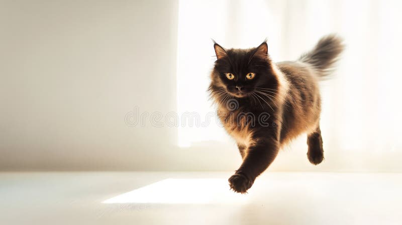 Playful Black Fluffy Cute Cat Jumping, Dynamic Pose, Sunny Day Stock ...