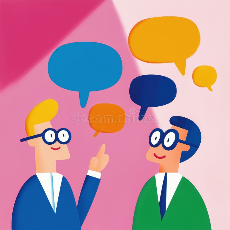 Two People in a Lively Conversation with Colorful Speech Bubbles Stock ...
