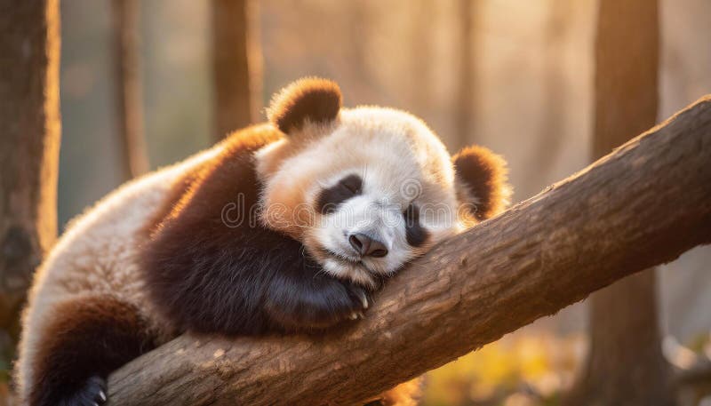 Portrait of a Cute Panda Sleeping on a Tree Branch in the Forest with ...
