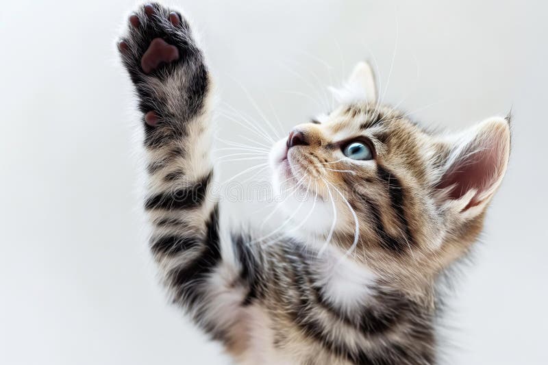 Portrait of Tabby Cat Raising Up Paw Side View Isolated on White ...