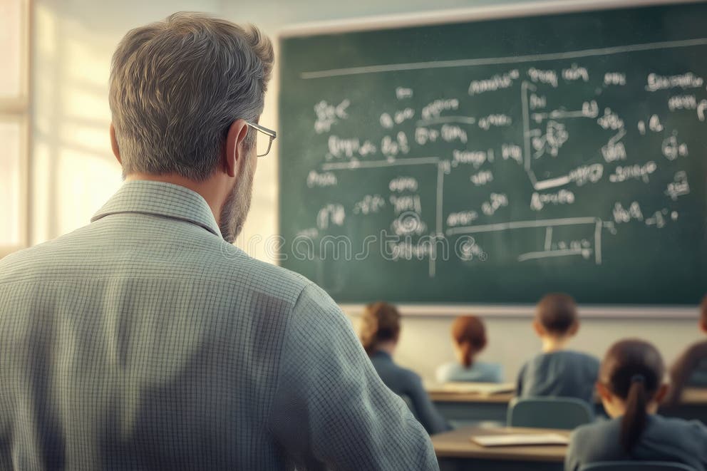 Professor Watching Students Solving Math Problems on Blackboard in ...