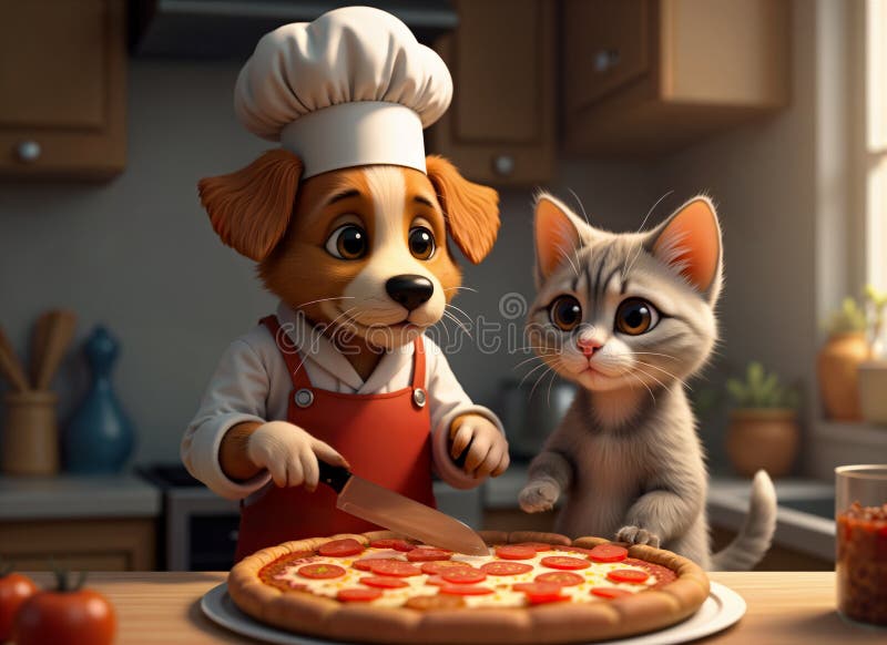 A Puppy Chef and a Curious Kitten Making Pizza Together in a Cozy ...