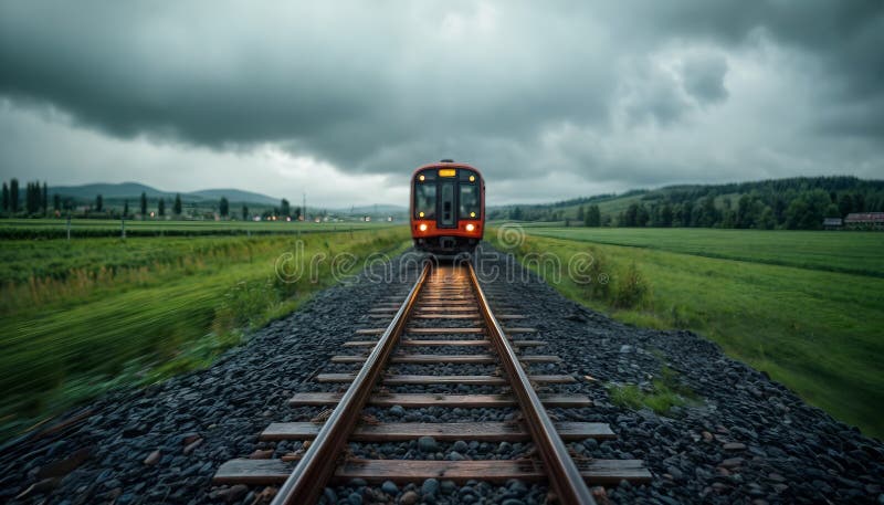 Railway. Front View of a Moving Train during Rainy Weather Stock ...