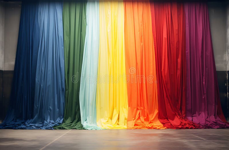 Rainbow Colored Curtain in Front of Dark Room Stock Image - Image of ...