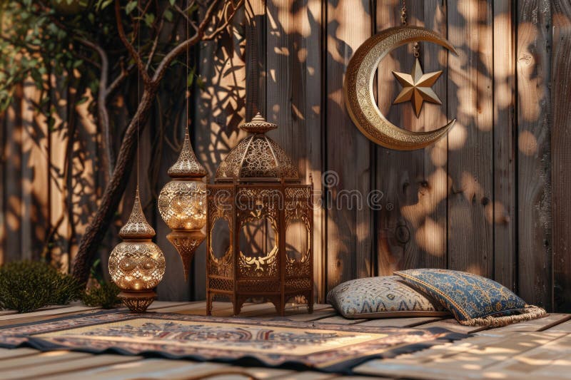 Ramadan Scene with Crescent Moon, Star, Lanterns, and Prayer Rug on a ...