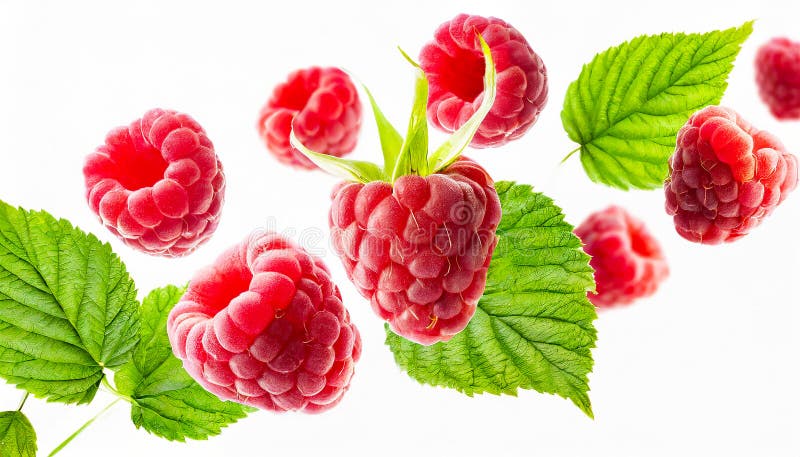 Raspberries Falling or Flying in the Air with Green Leaves Isolated on ...