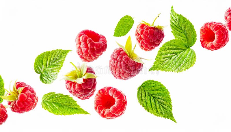 Raspberries Falling or Flying in the Air with Green Leaves Isolated on ...